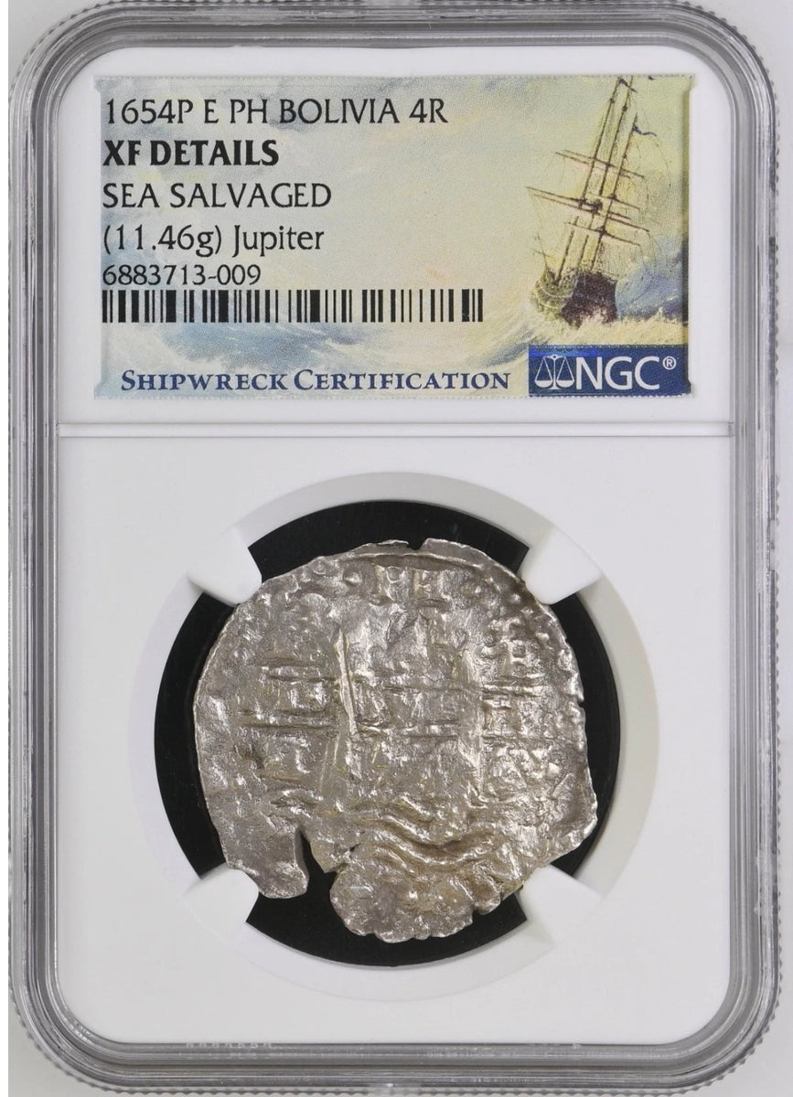 JUPITER SHIPWRECK 4 REALES NGC XF Details Dated 1654 – Shipwreck Coins
